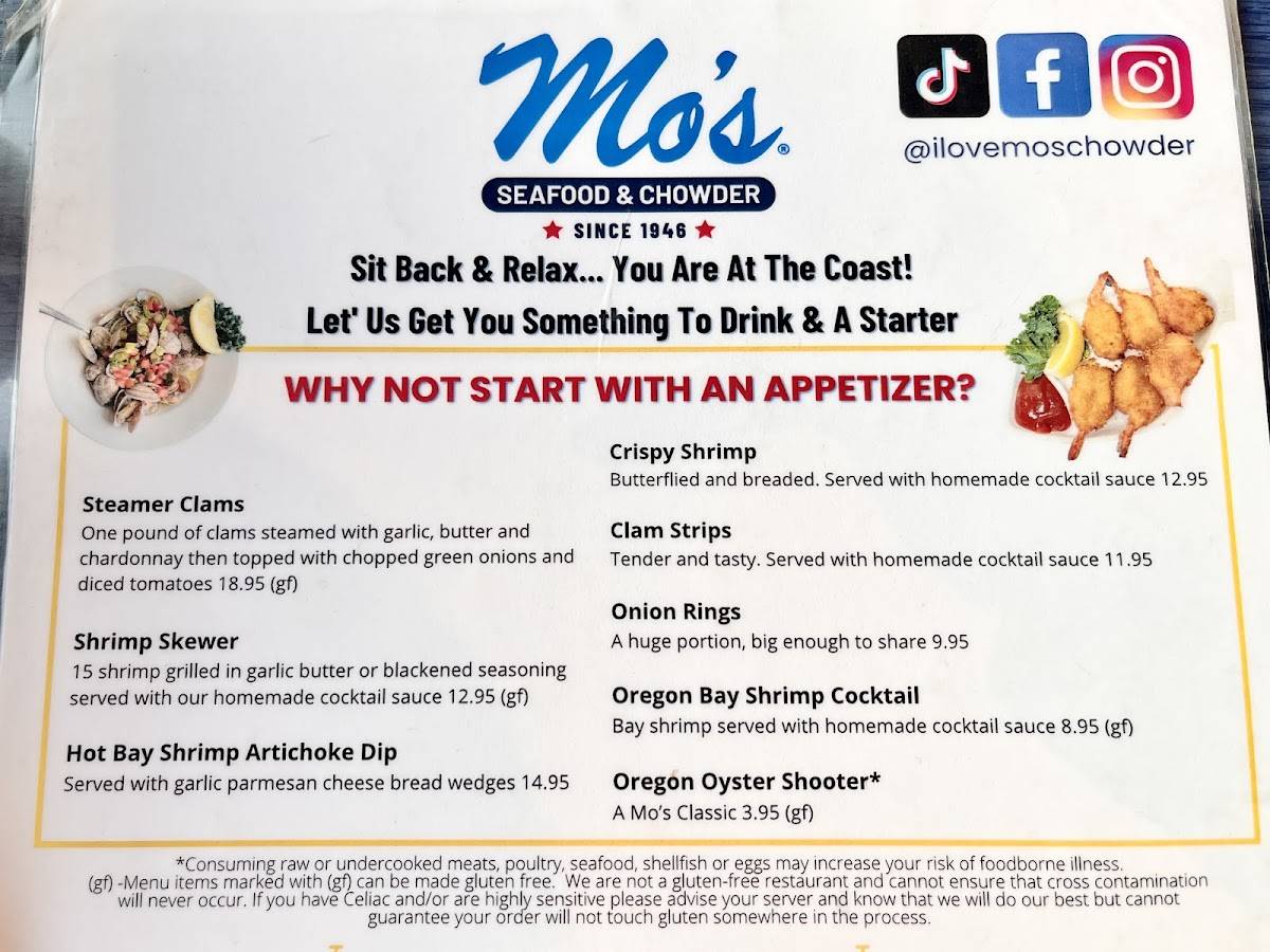 Menu at Mo's Seafood & Chowder restaurant, Cannon Beach