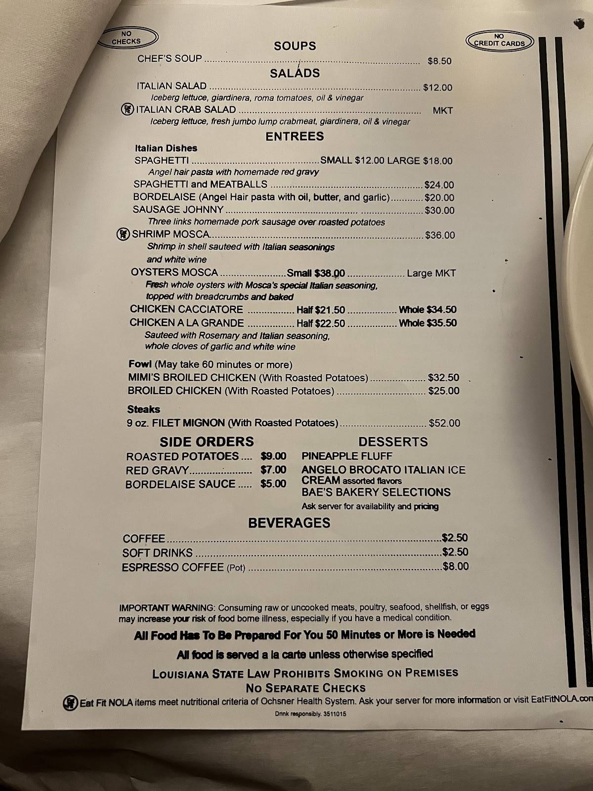 Menu at Mosca's Restaurant, New Orleans