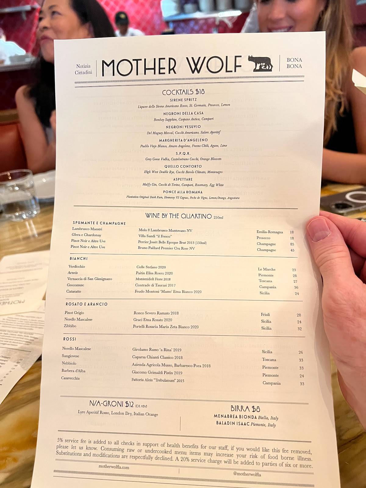 Menu at Mother Wolf restaurant, Los Angeles