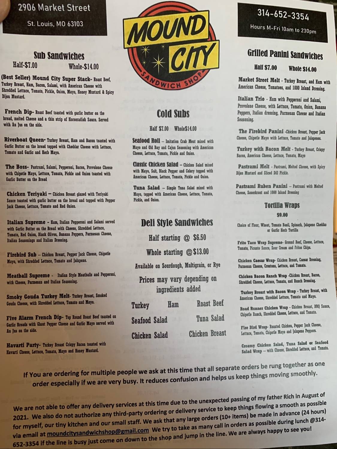 Menu at Mound City Sandwich Shop fast food, St. Louis