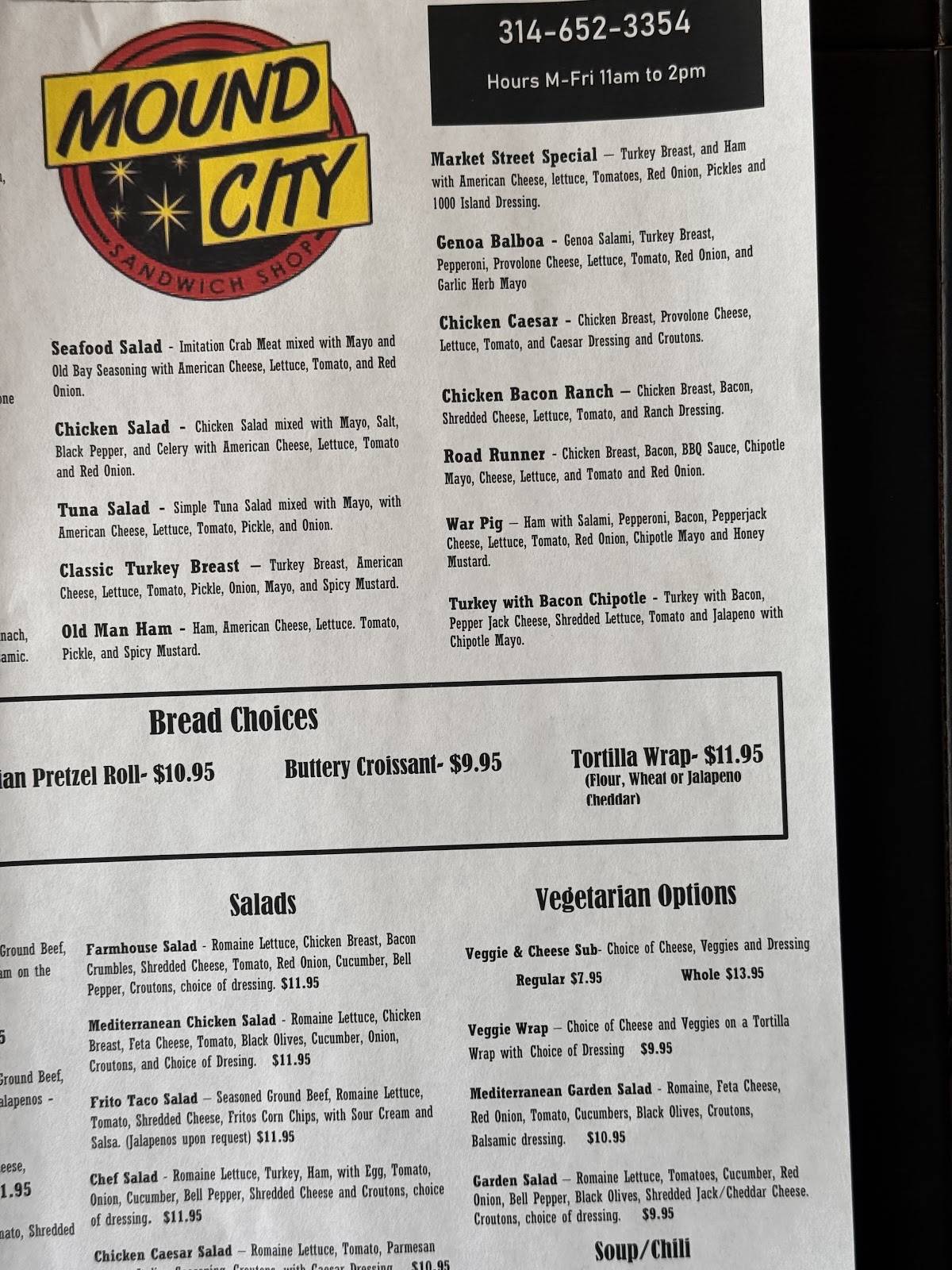 Menu at Mound City Sandwich Shop fast food, St. Louis