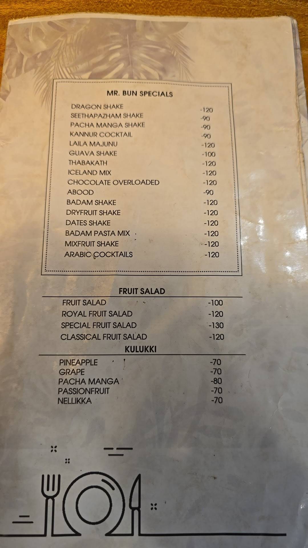 Menu at Mr.Bun Cafe, Mananthavady
