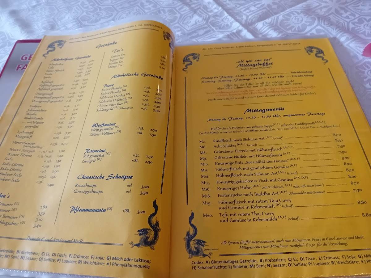Menu at Mr Gao restaurant, Pöchlarn