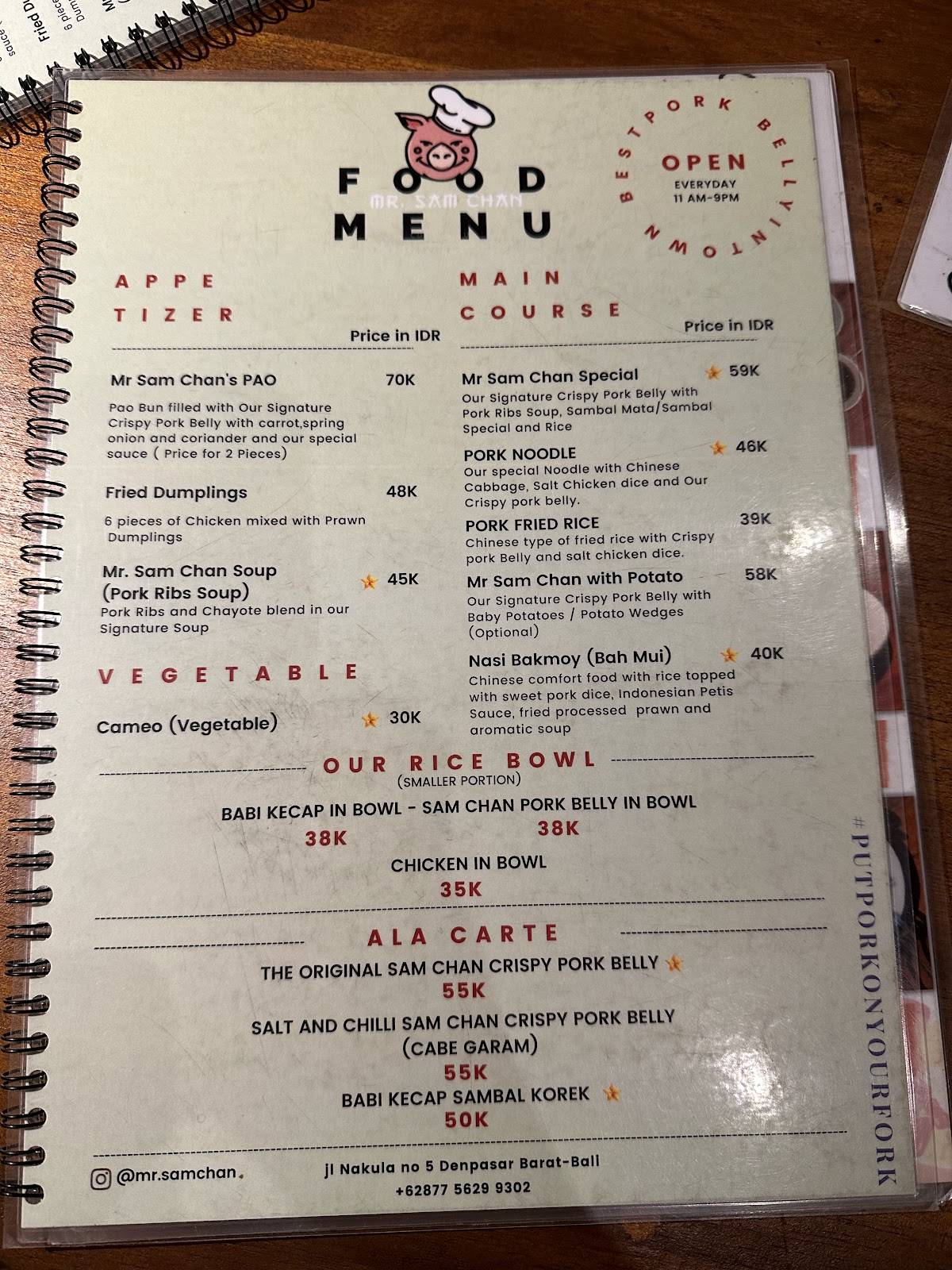 Menu at Mr. Sam Chan (PORK BELLY BALI) restaurant, Denpasar