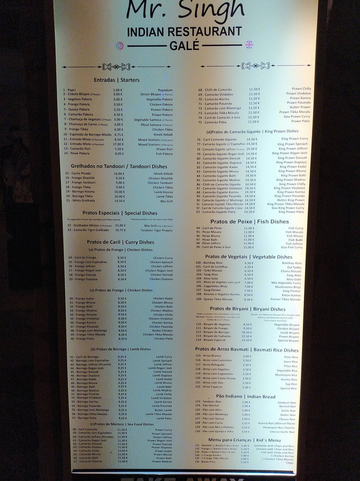 Menu at Mr. Singh - Indian Tandoori restaurant, Guia