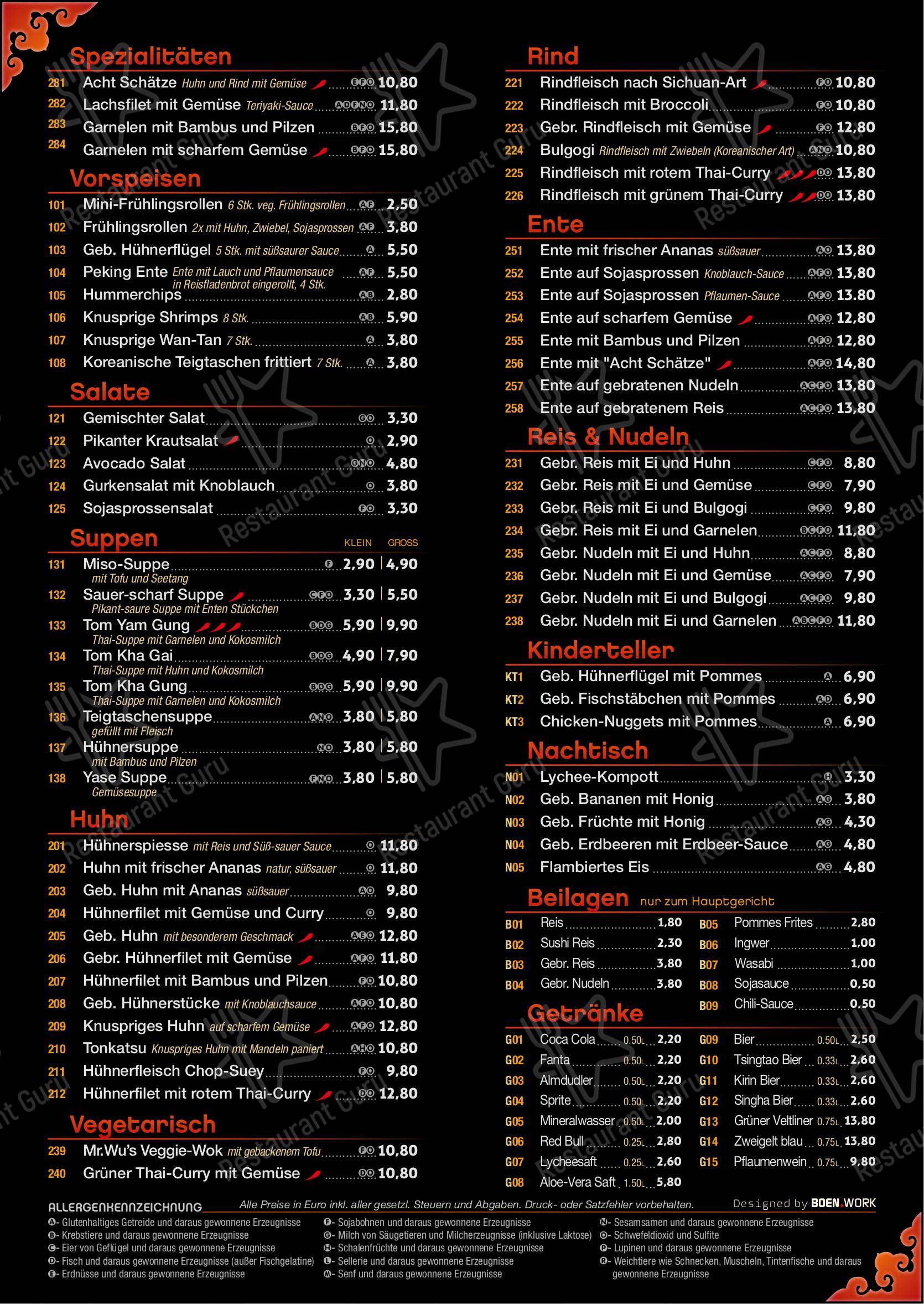 Speisekarte von Mr. Wu restaurant, Villach