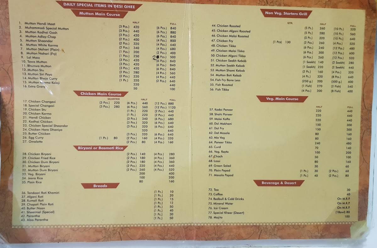 Menu at Muhammadi Palace, Jaipur, Chandpole Gate