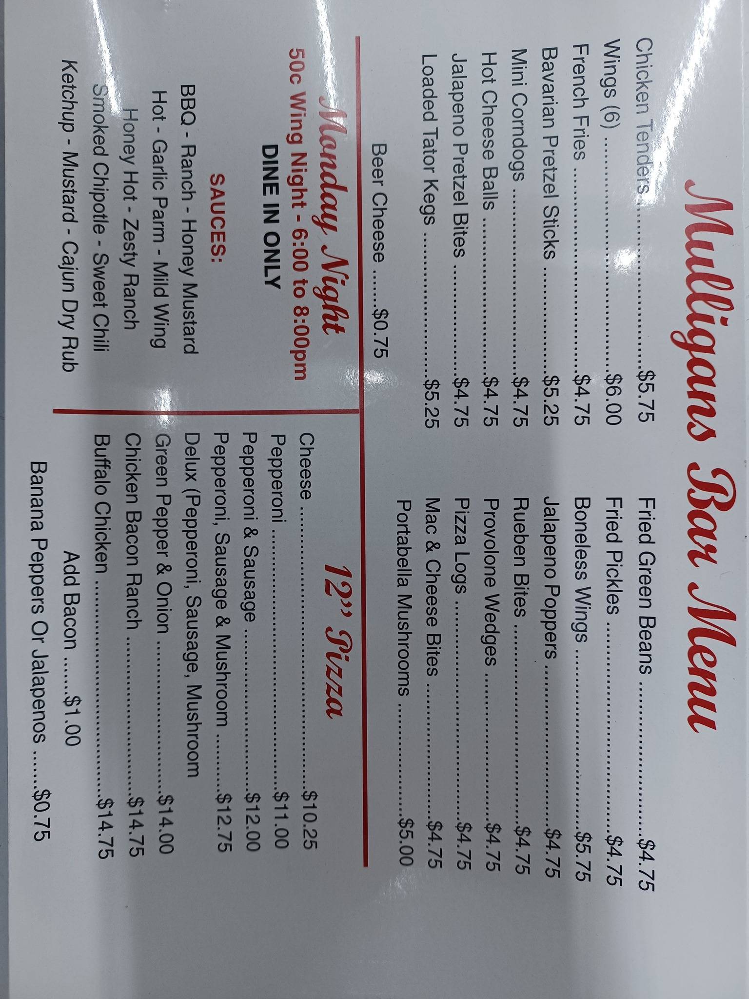 Menu at Mulligans pub & bar, Lima, 702 W North St