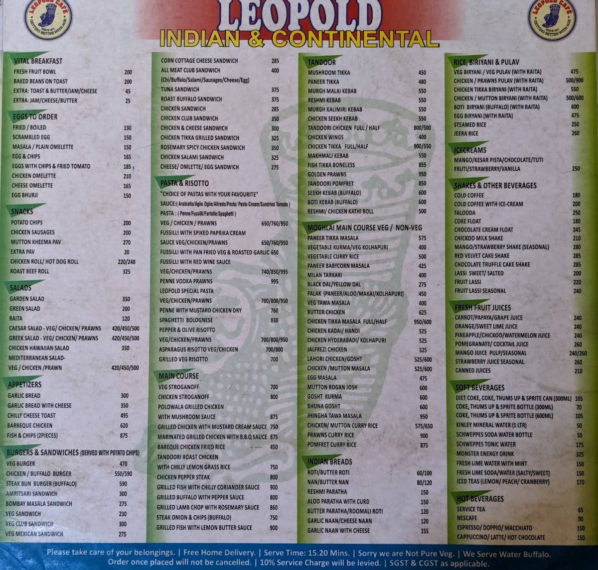 Menu at Leopold Cafe, Mumbai, Police Station