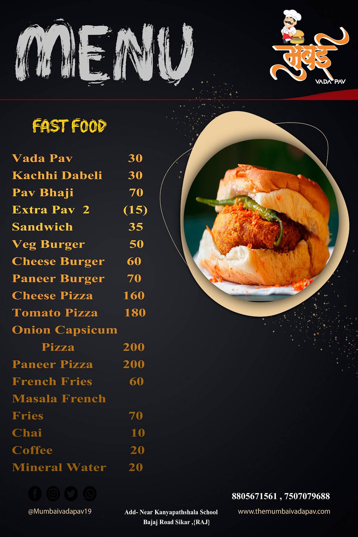 Menu at Mumbai Vada Pav, Sikar
