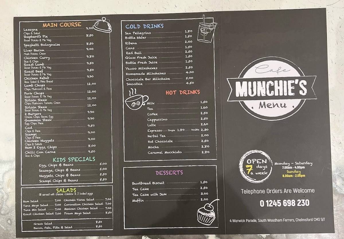 Menu at Munchies cafe, South Woodham Ferrers