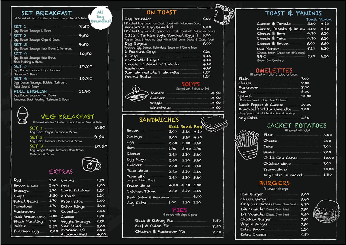 Menu at Munchies Café cafe, South Woodham Ferrers