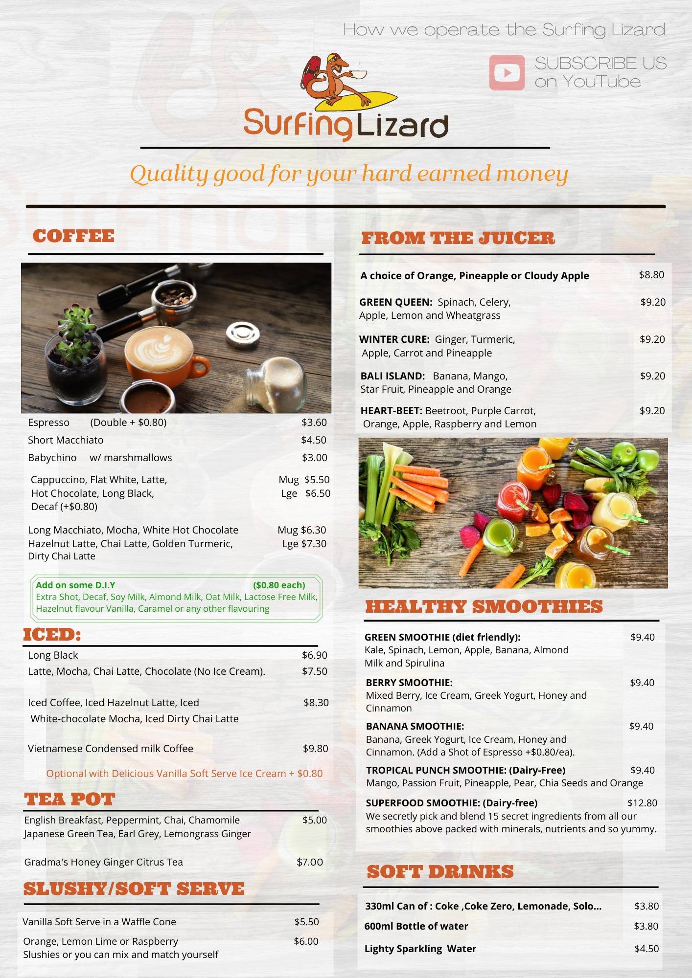 Menu at Surfing Lizard - Coogee cafe, Coogee