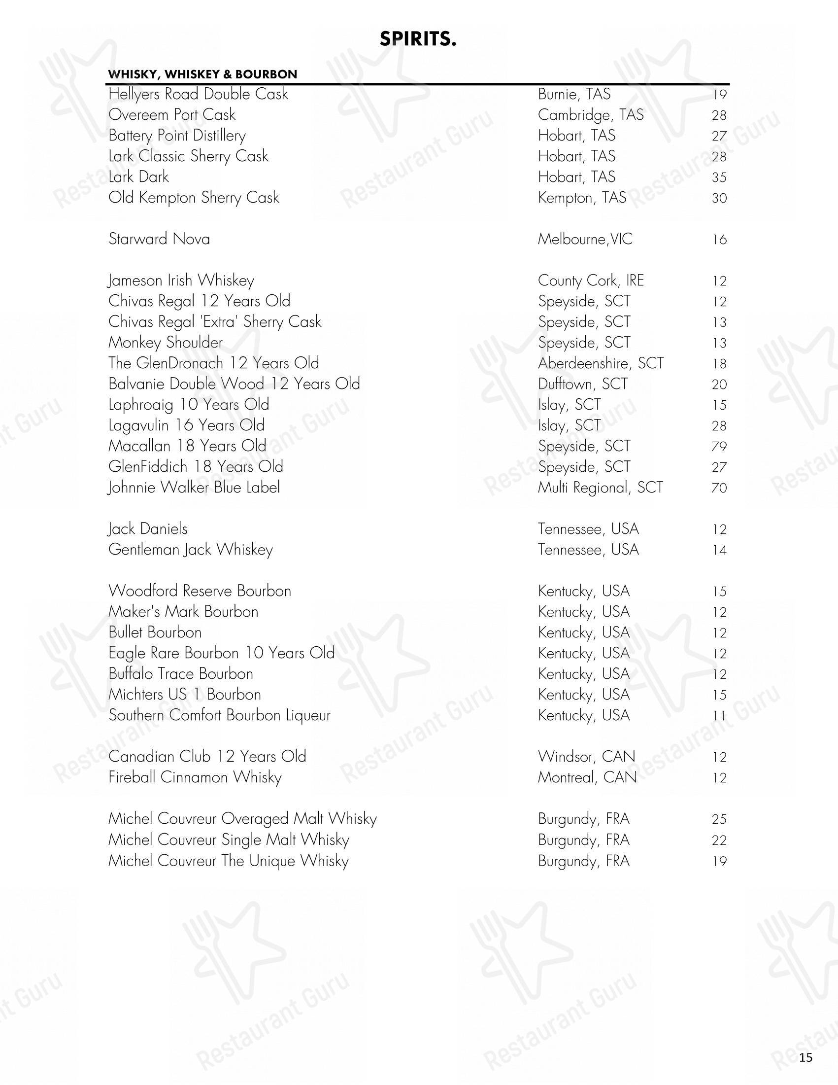 Menu at Mures Upper Deck restaurant, Hobart