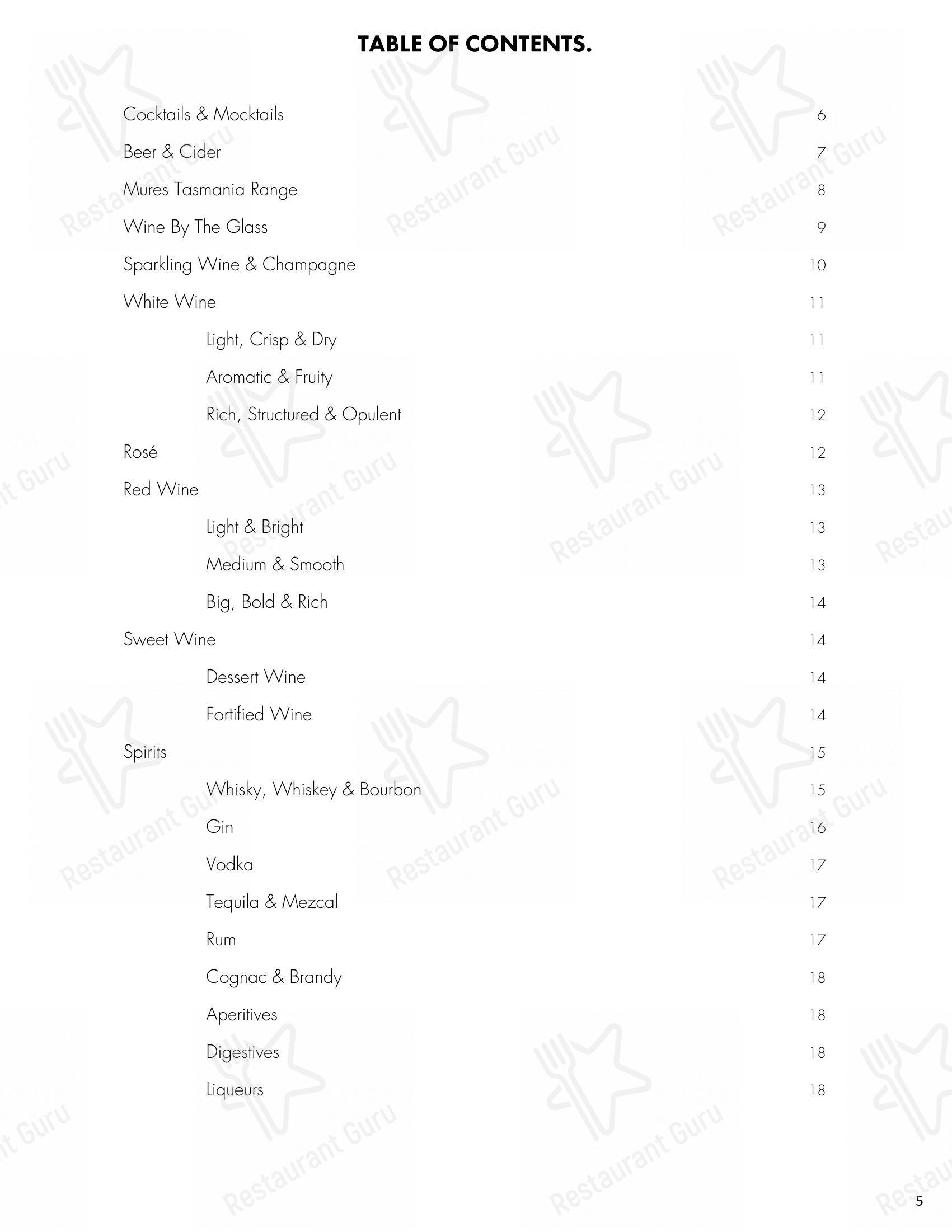 Menu at Mures Upper Deck restaurant, Hobart