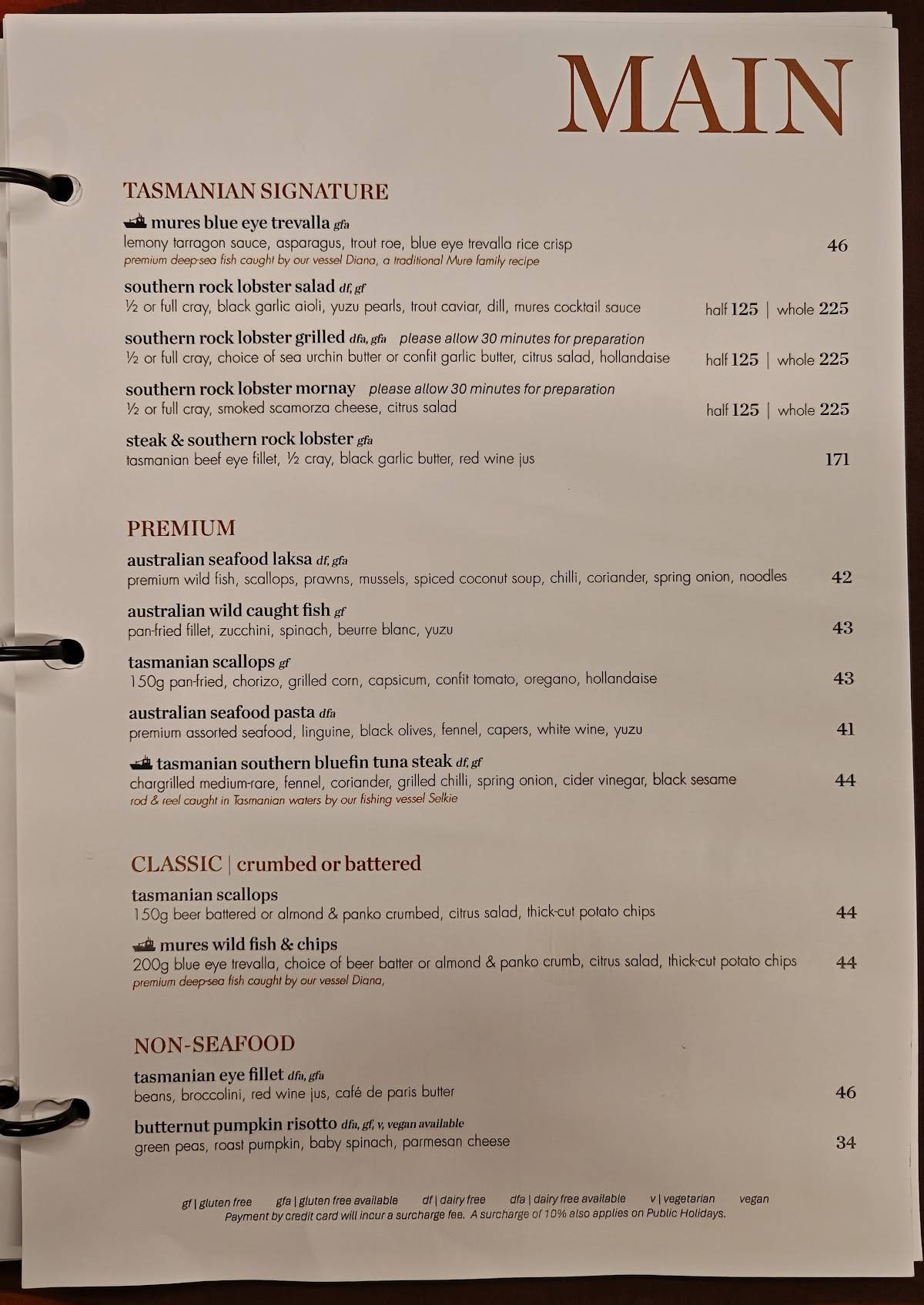 Menu at Mures Upper Deck restaurant, Hobart