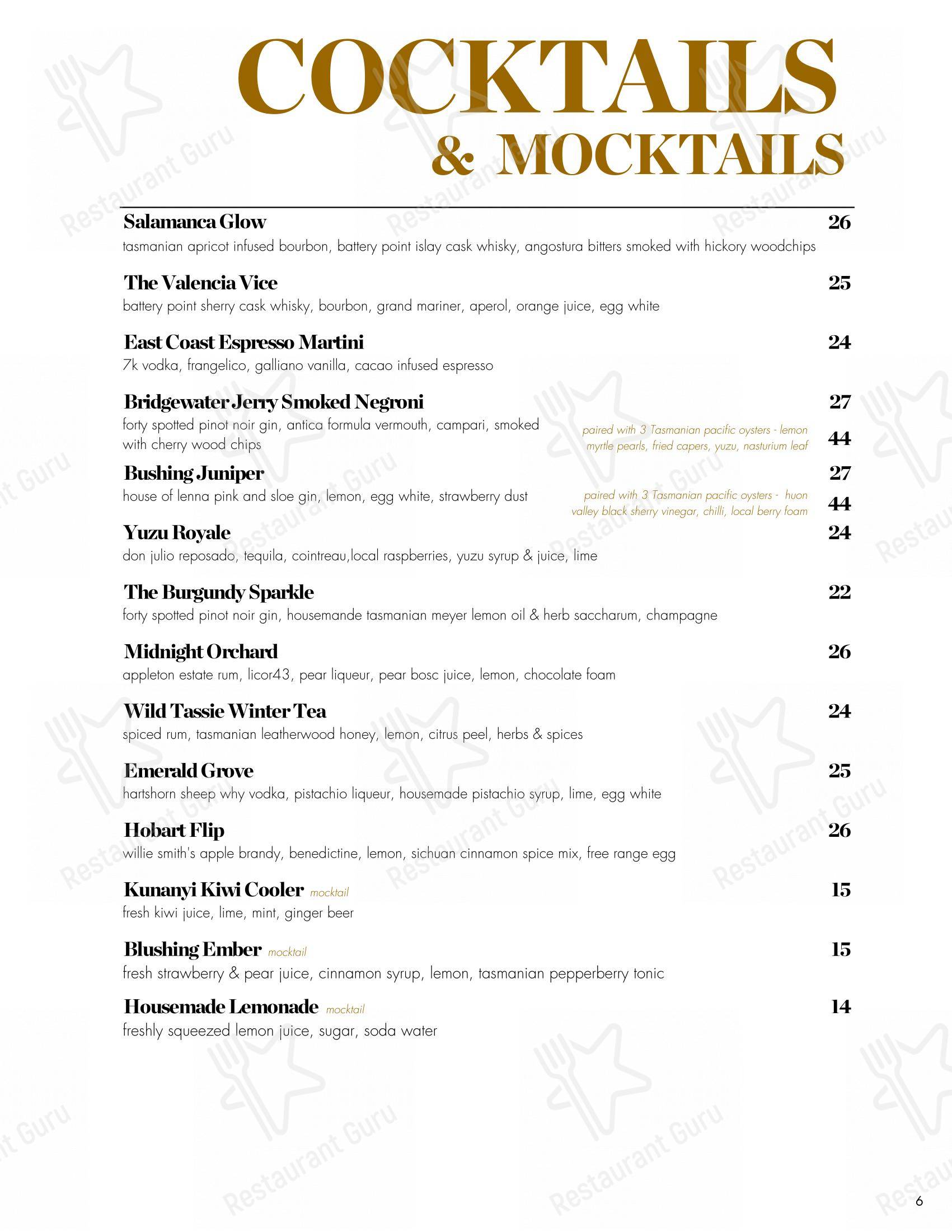Menu at Mures Upper Deck restaurant, Hobart