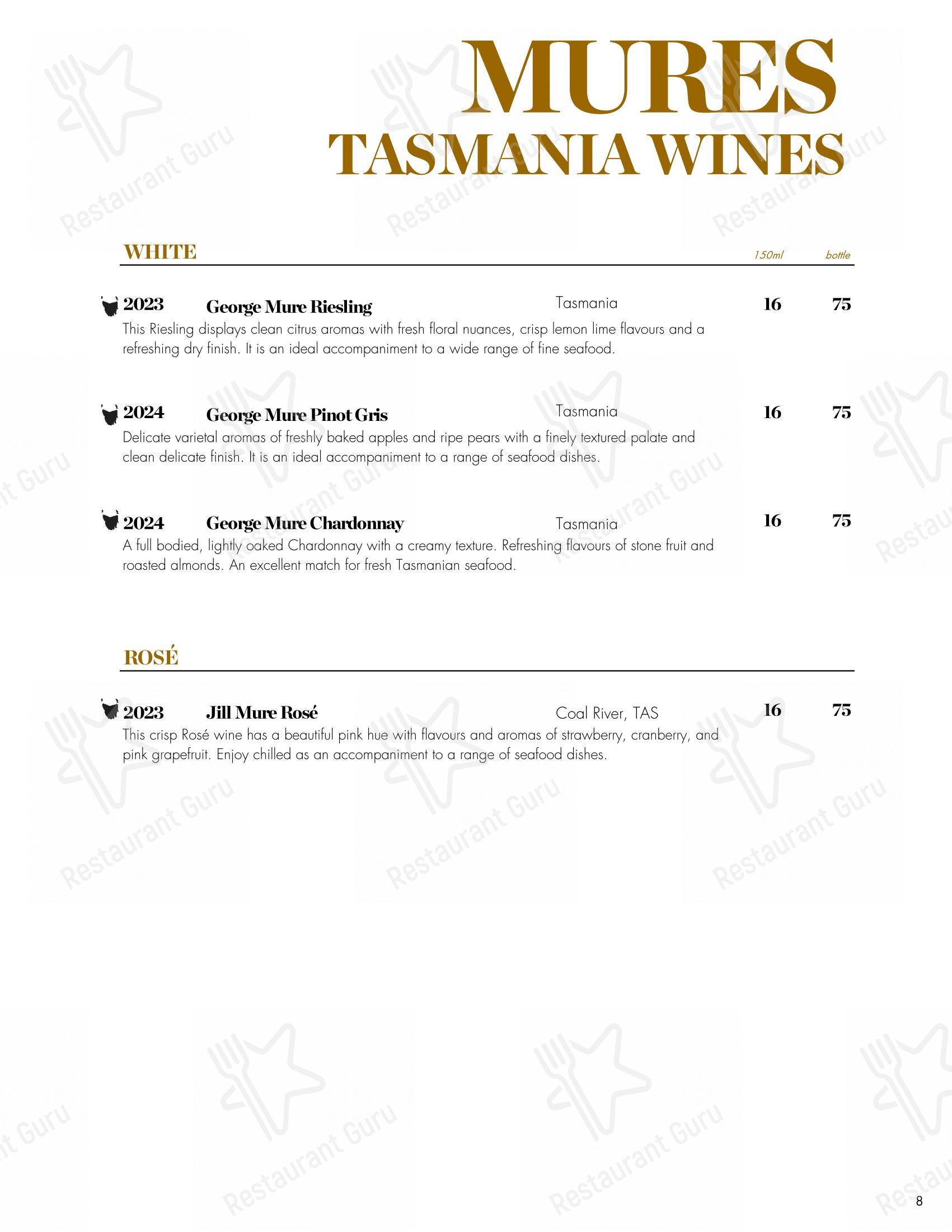 Menu at Mures Upper Deck restaurant, Hobart