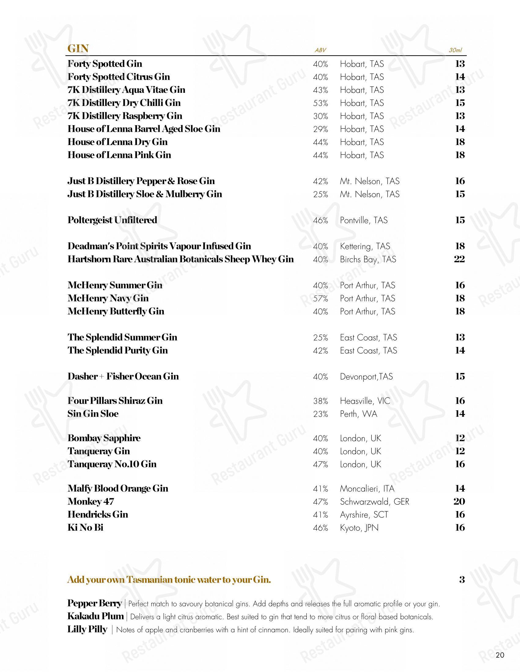 Menu at Mures Upper Deck restaurant, Hobart