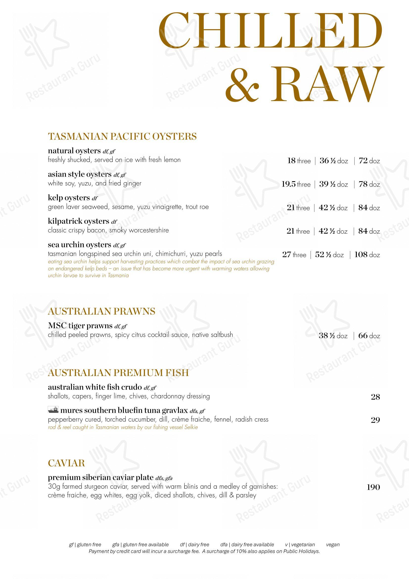 Menu at Mures Upper Deck restaurant, Hobart