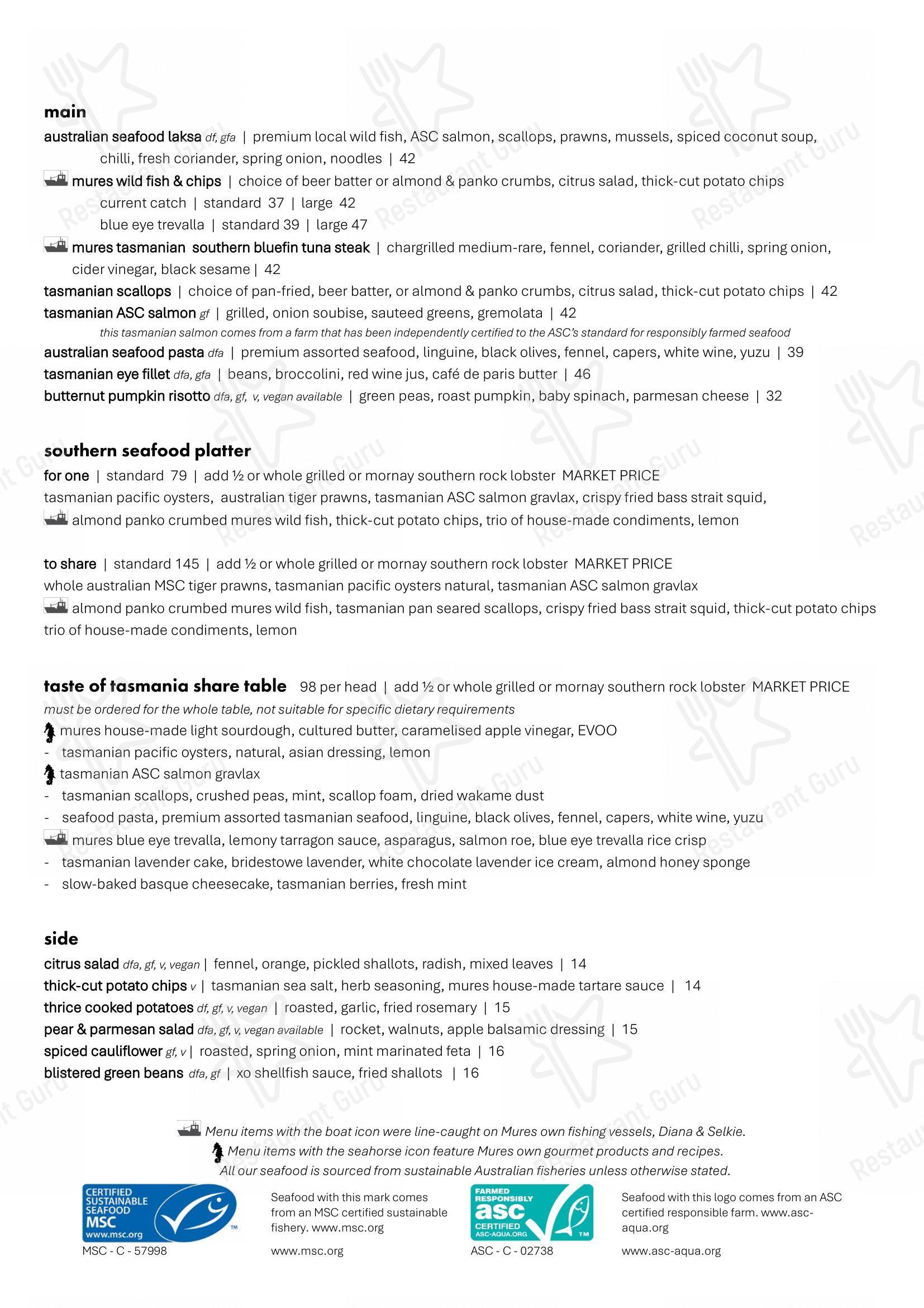 Menu at Mures Upper Deck restaurant, Hobart