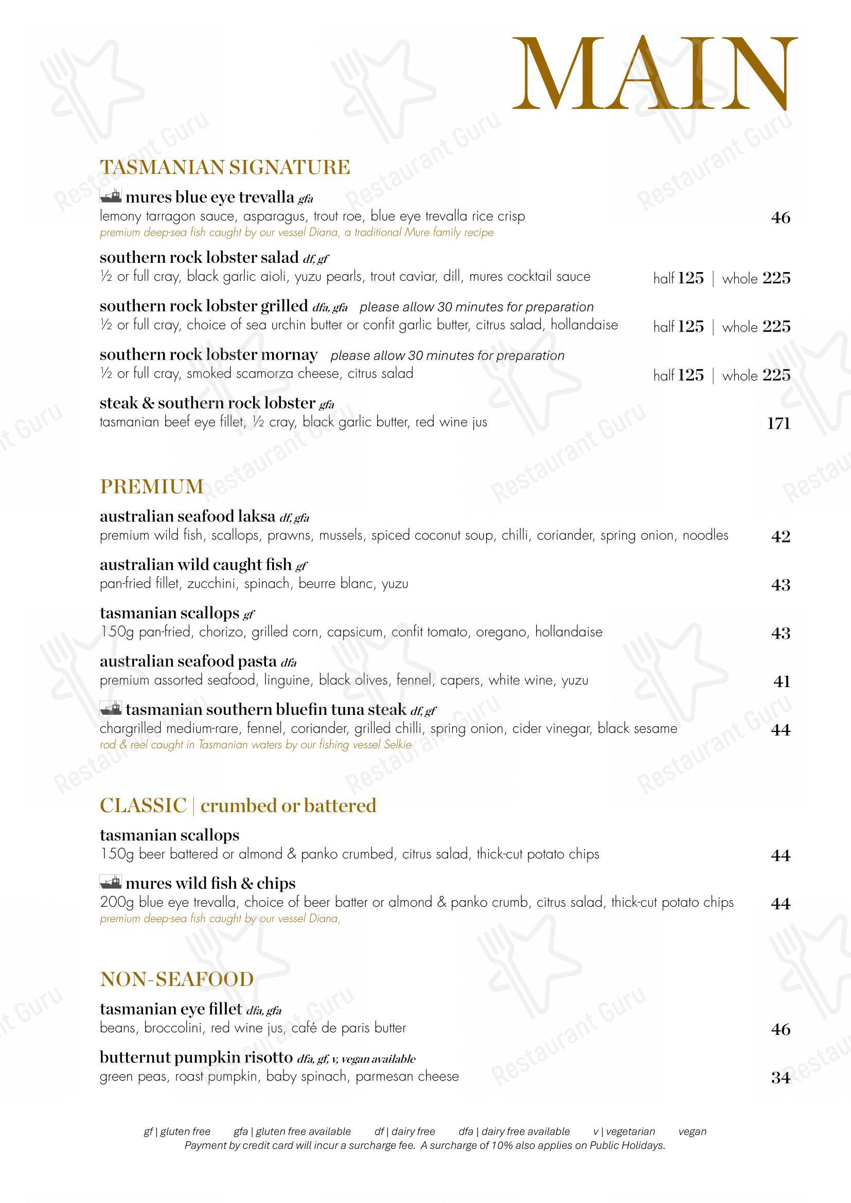 Menu at Mures Upper Deck restaurant, Hobart