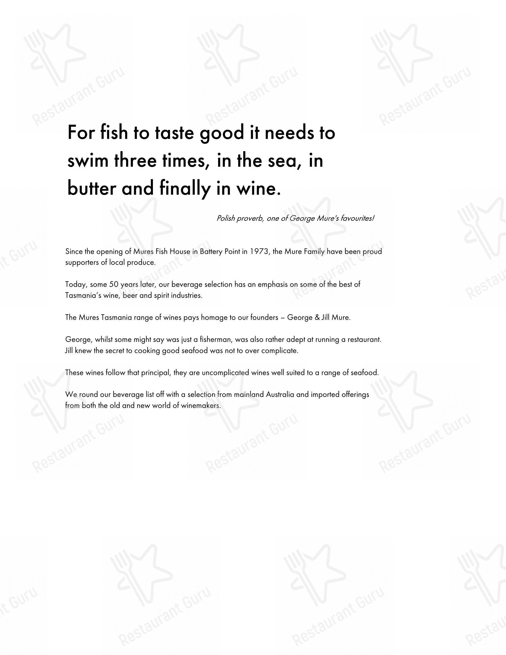 Menu at Mures Upper Deck restaurant, Hobart