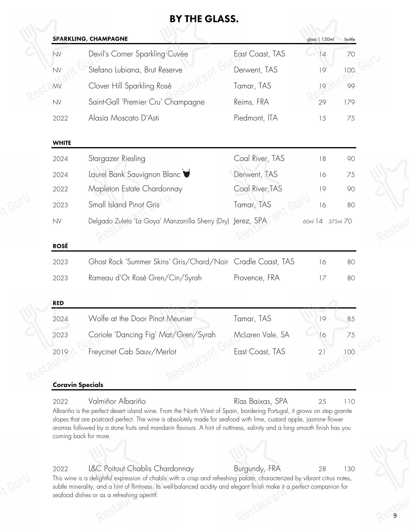 Menu at Mures Upper Deck restaurant, Hobart