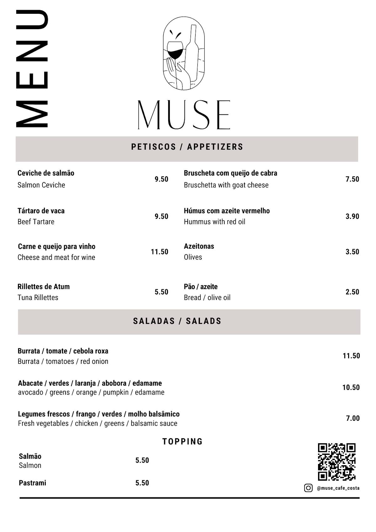 Menu at Muse Café, Costa da Caparica, Av. 1º de Maio 36G