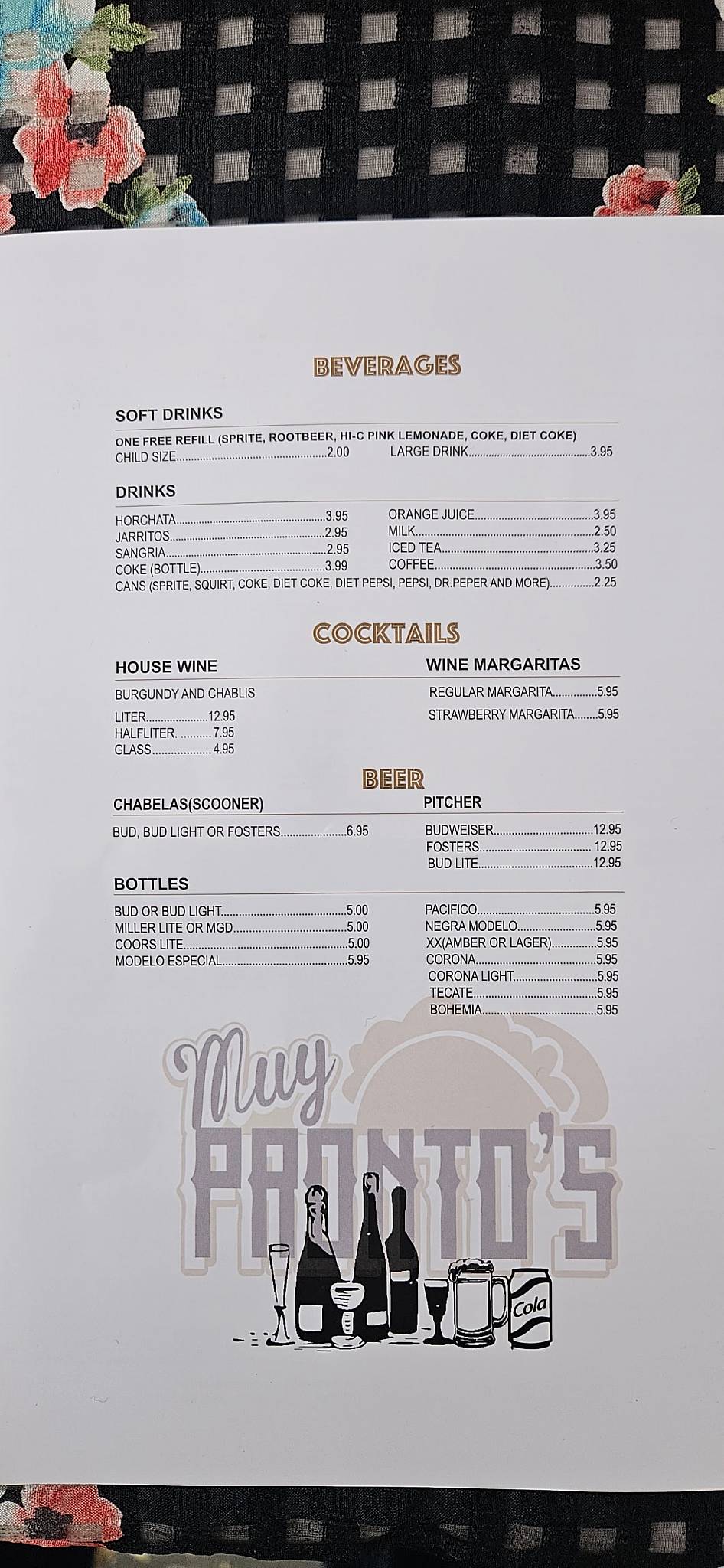 Menu at Muy Pronto's Mexican grill restaurant, Torrance