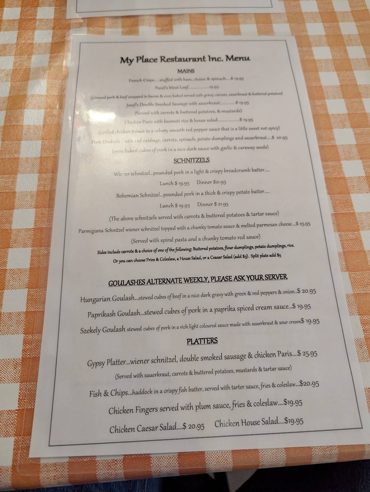 Menu at My Place Restaurant, Smiths Falls