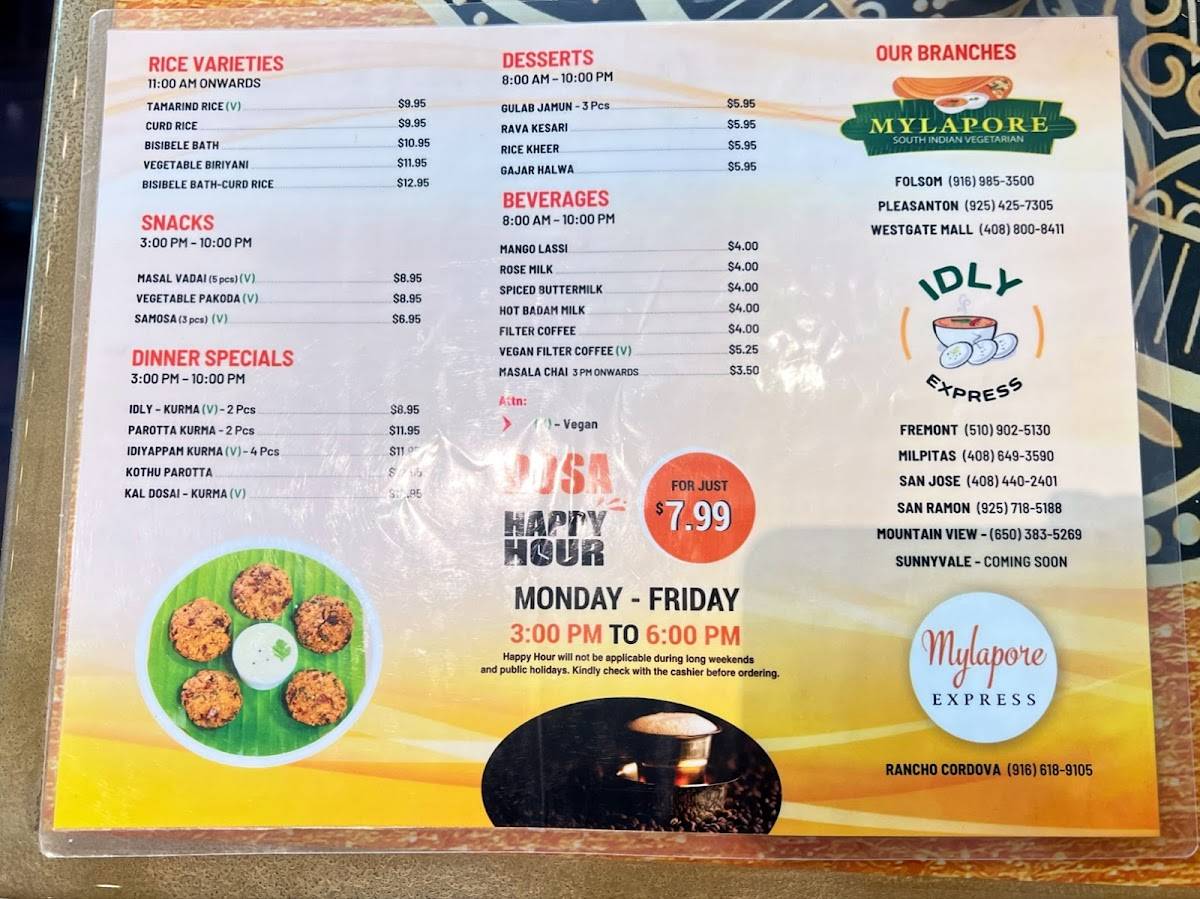Menu at Mylapore South Indian Westgate restaurant, San Jose