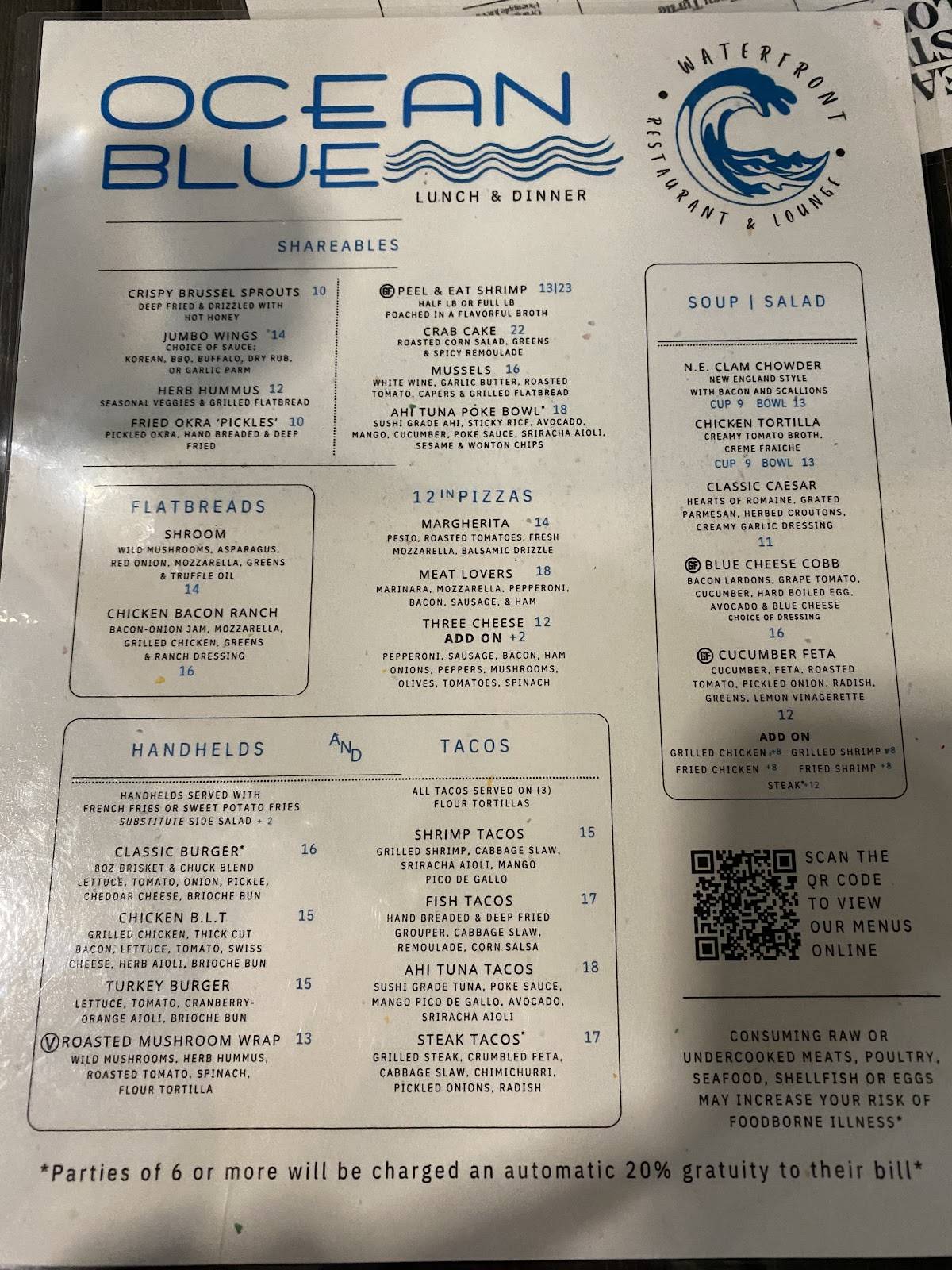 Menu at Ocean Blue Restaurant, Myrtle Beach, S Ocean Blvd