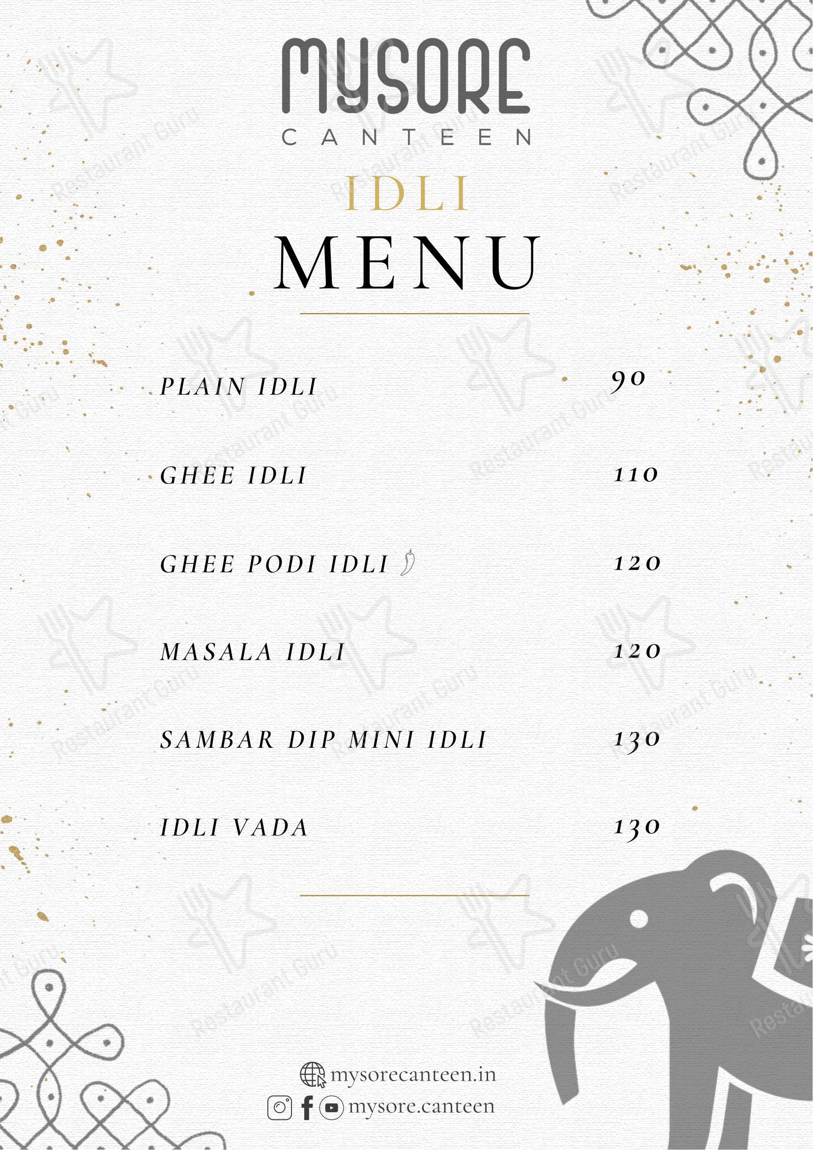 Menu at Mysore Canteen, Kolkata