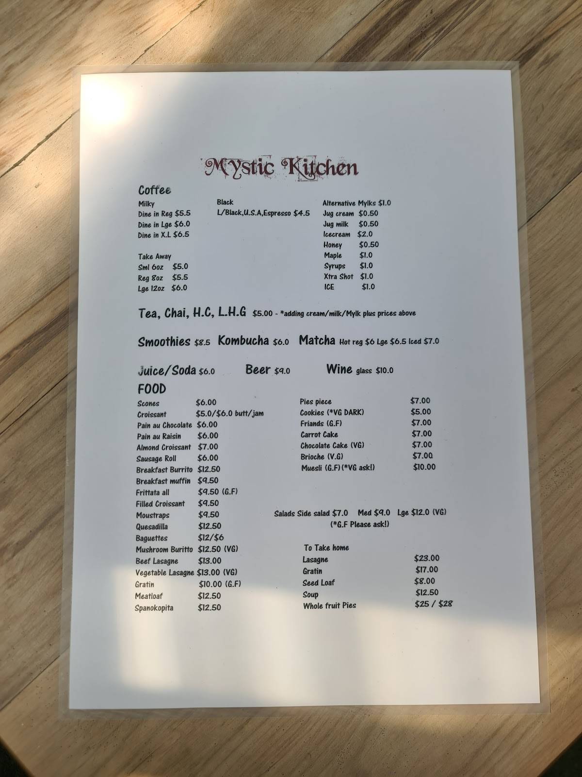 Menu at Mystic Kitchen cafe, Wellington, 4 Glamis Avenue Strathmore