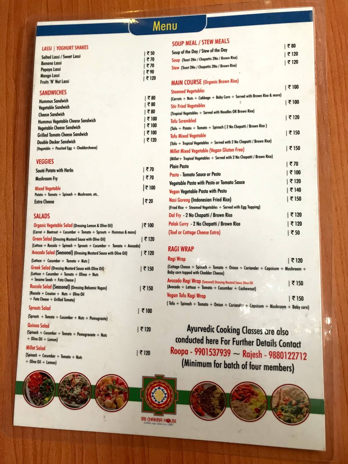 Menu at Chakra House Cafe, Mysuru