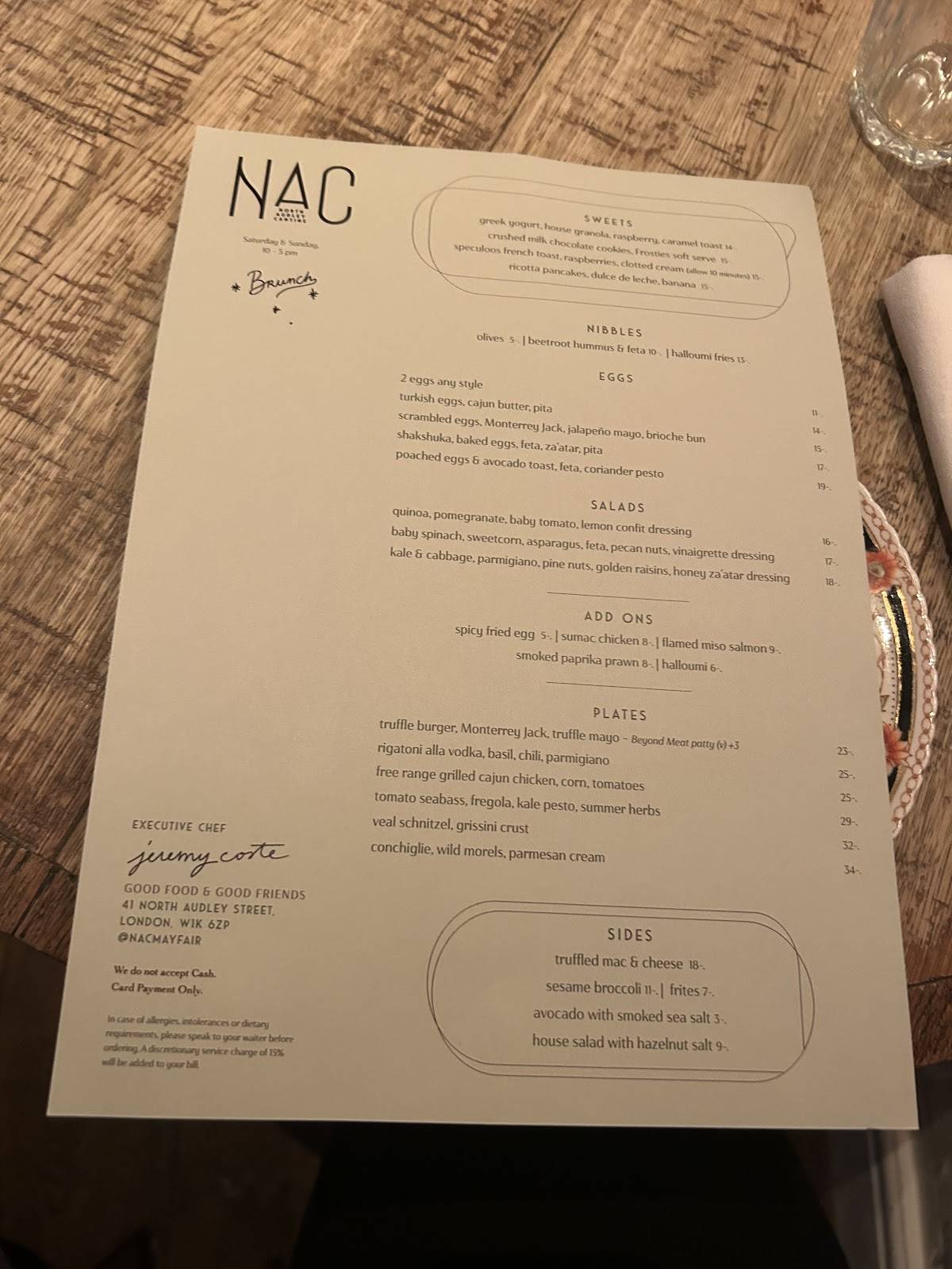 Menu at NAC restaurant, London, 41 N Audley St