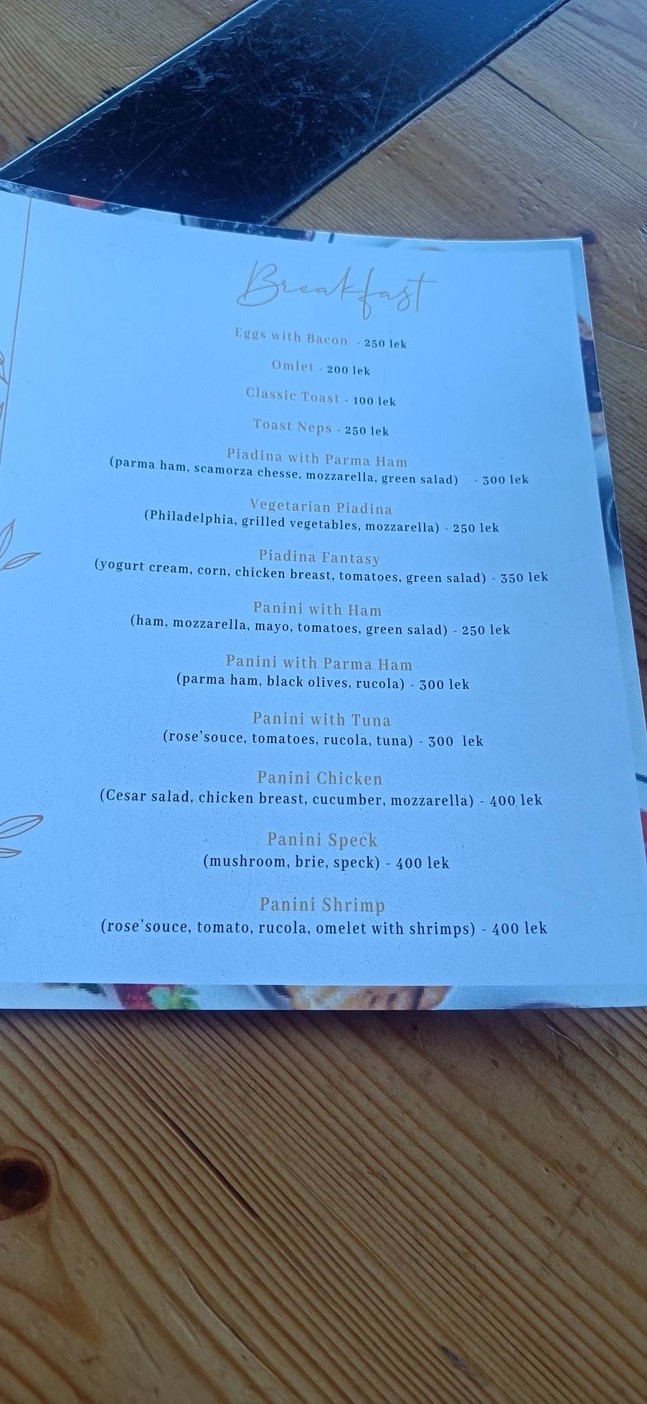 Menu at NEPS restaurant, Durrës