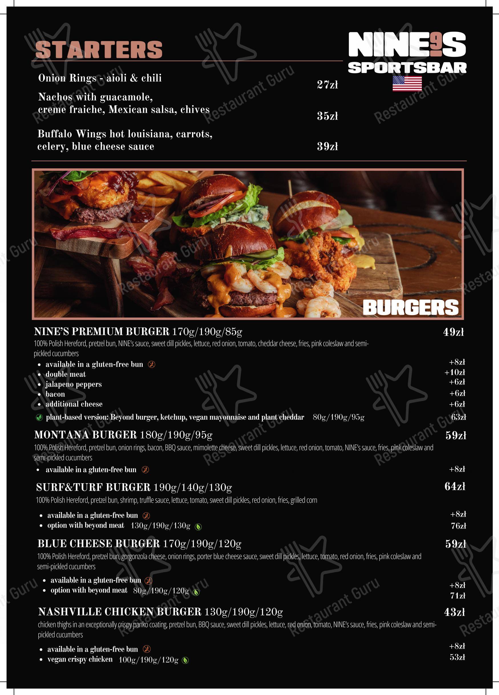 Menu at NINE's Restaurant, Warsaw