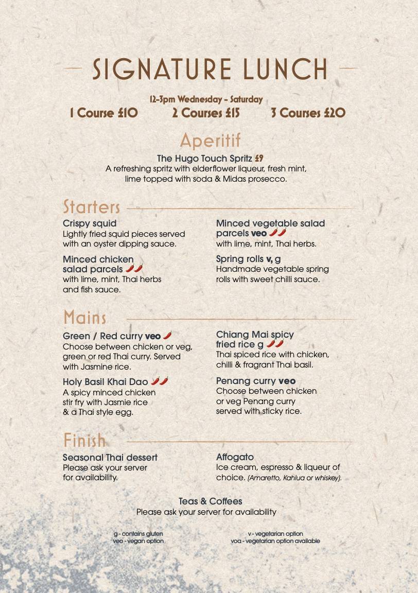 Menu at NUSARA Thai restaurant, Wimborne Minster