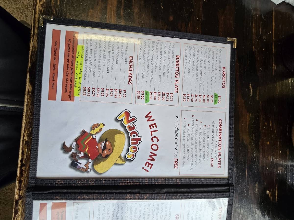 Menu at Nachos Restaurant, Moriarty, 904 U.S. Rte 66