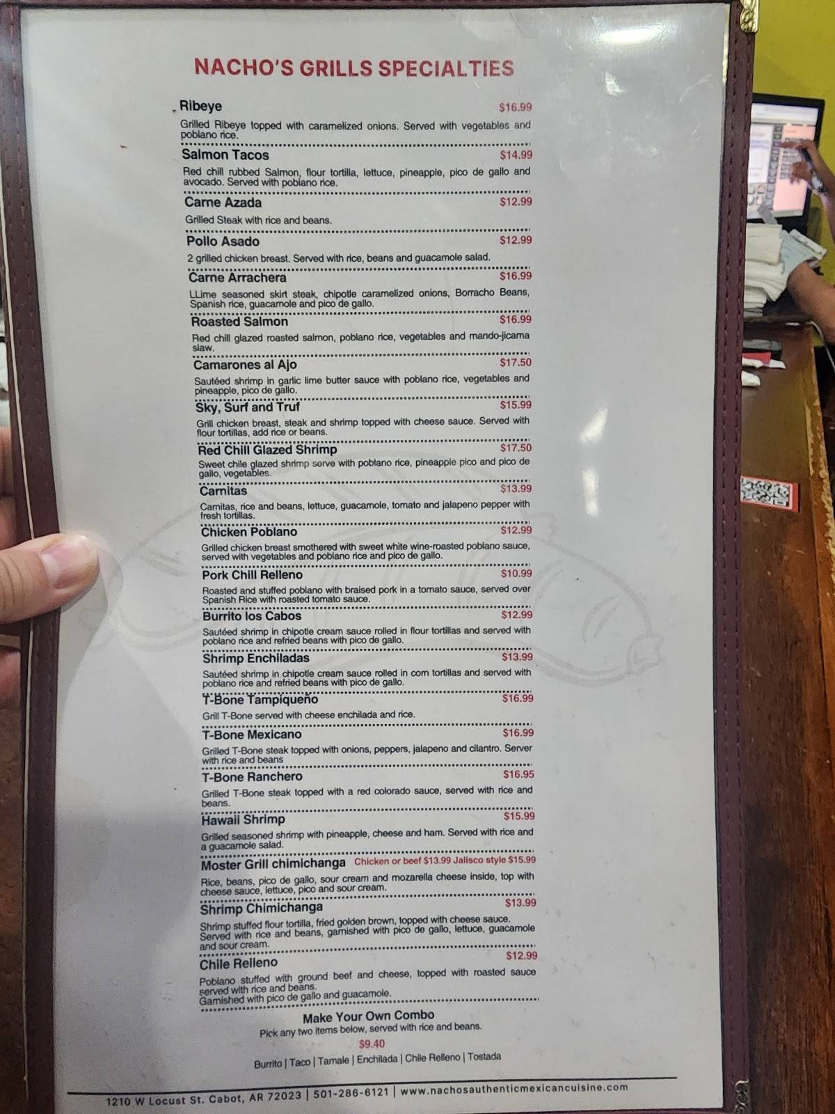 Menu at Nacho's restaurant, Cabot