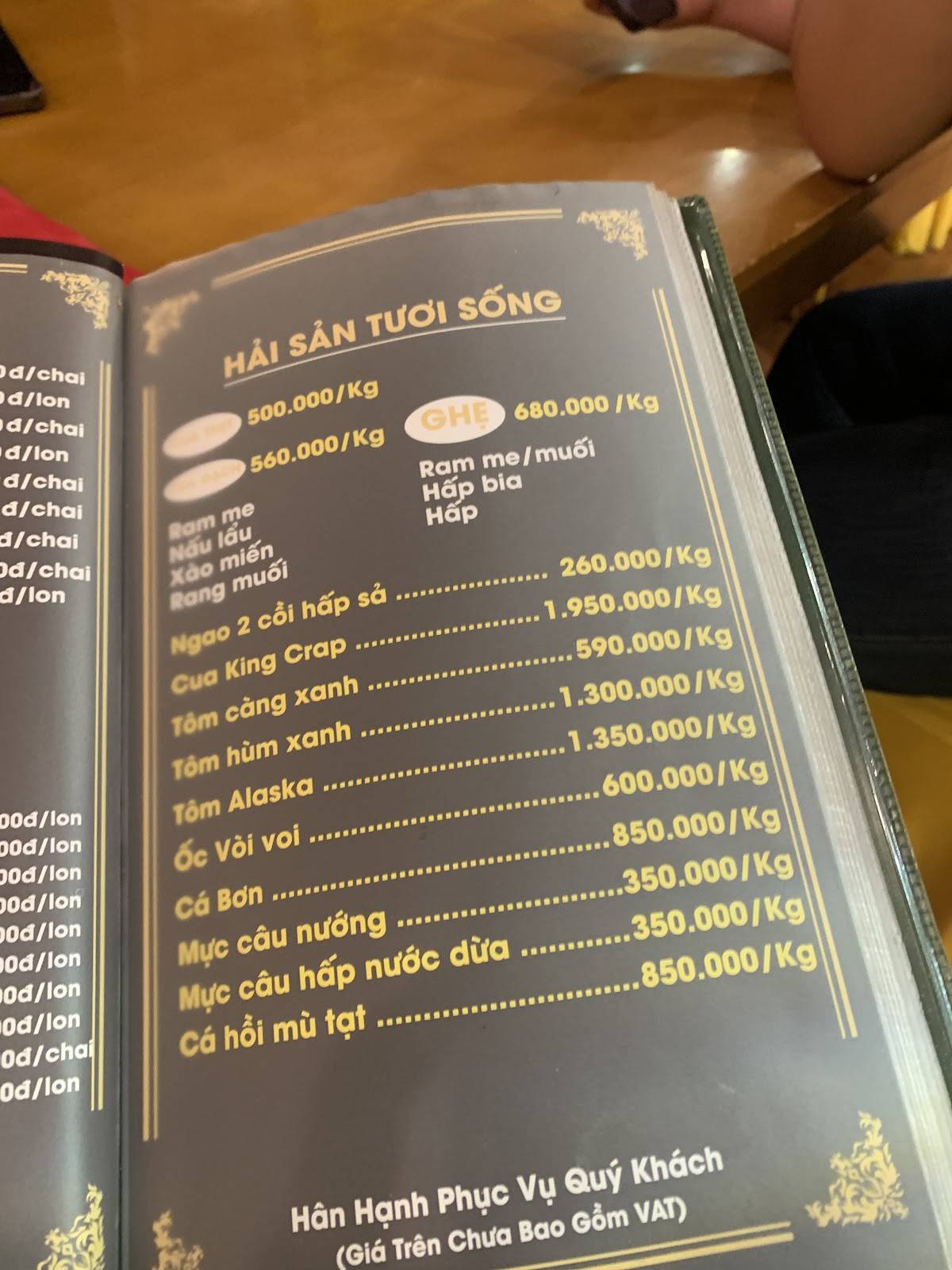 Menu at Nai Vang restaurant, Ho Chi Minh City