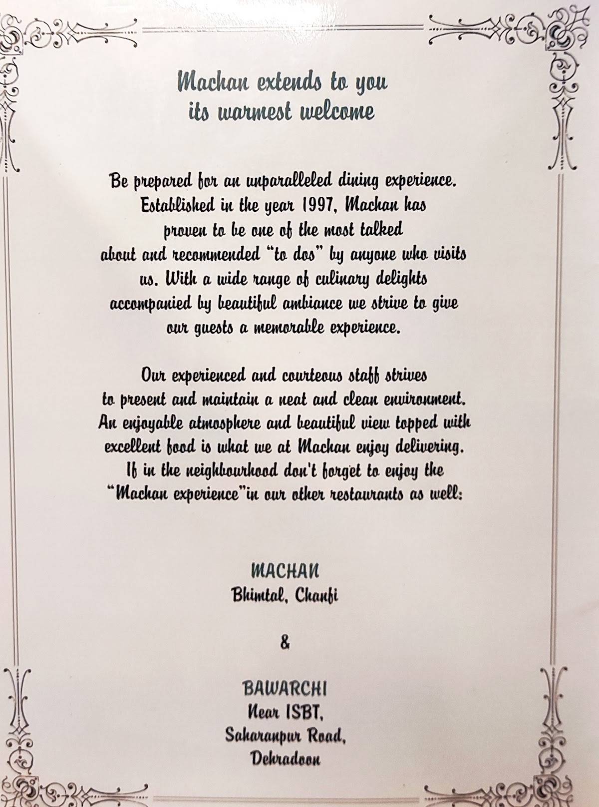 Menu at Machan Restaurant, Nainital