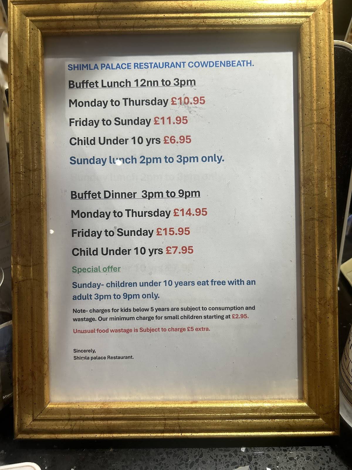 Carta del restaurante Namaste Shimla Palace, Cowdenbeath