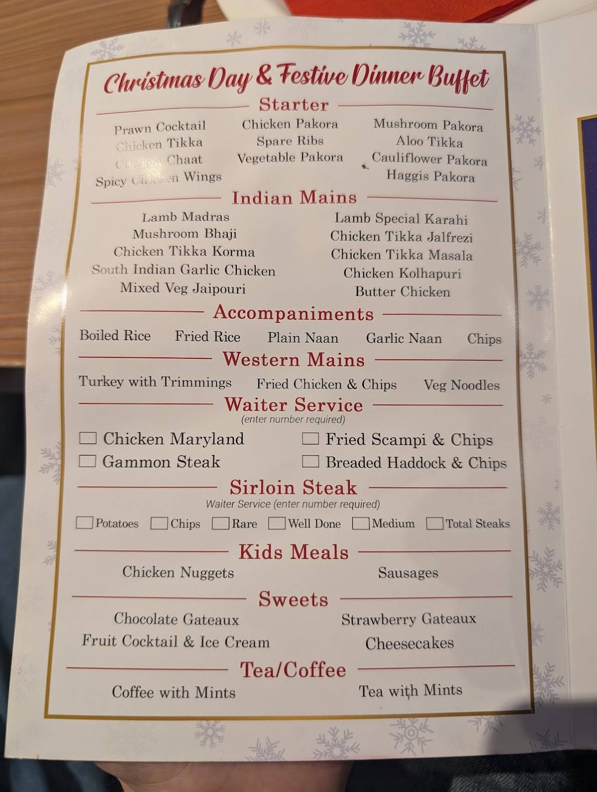 Carta del restaurante Namaste Shimla Palace, Cowdenbeath