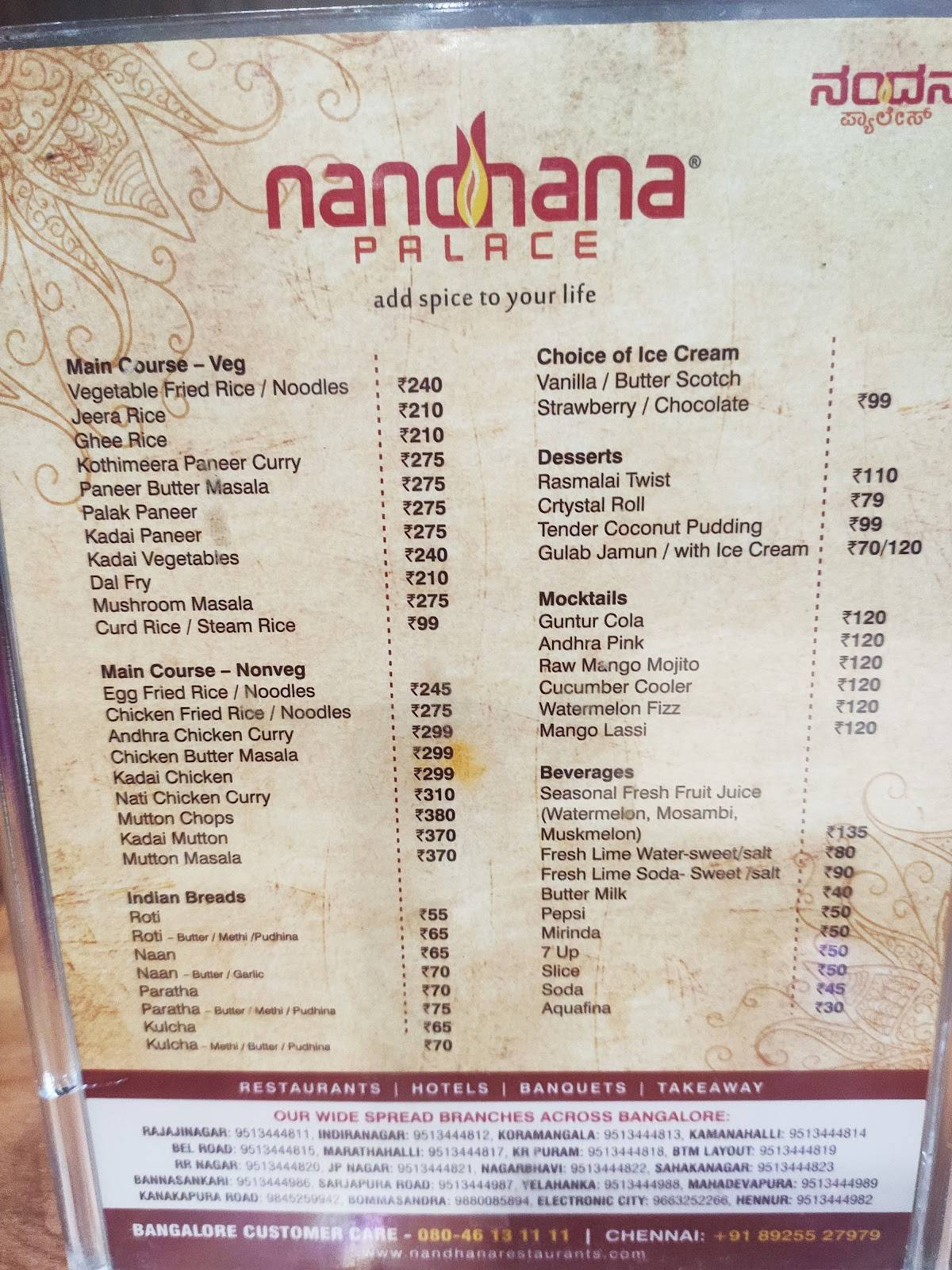 Menu at Nandhana Palace -Andhra Style Restaurant - Rajajinagar ...