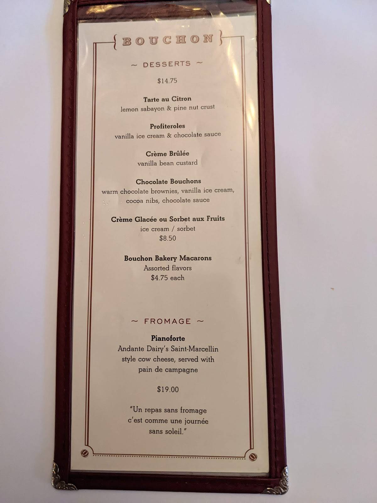 Menu at Bouchon Bistro restaurant, Yountville
