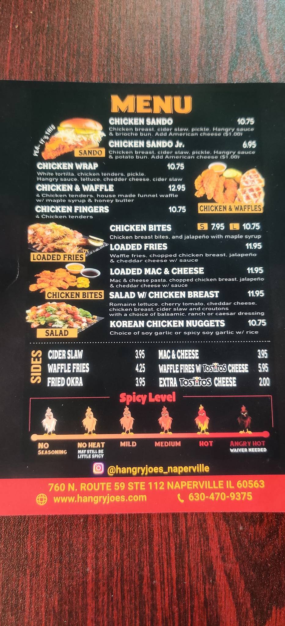 Menu at Hangry Joe's Hot Chicken restaurant, Naperville