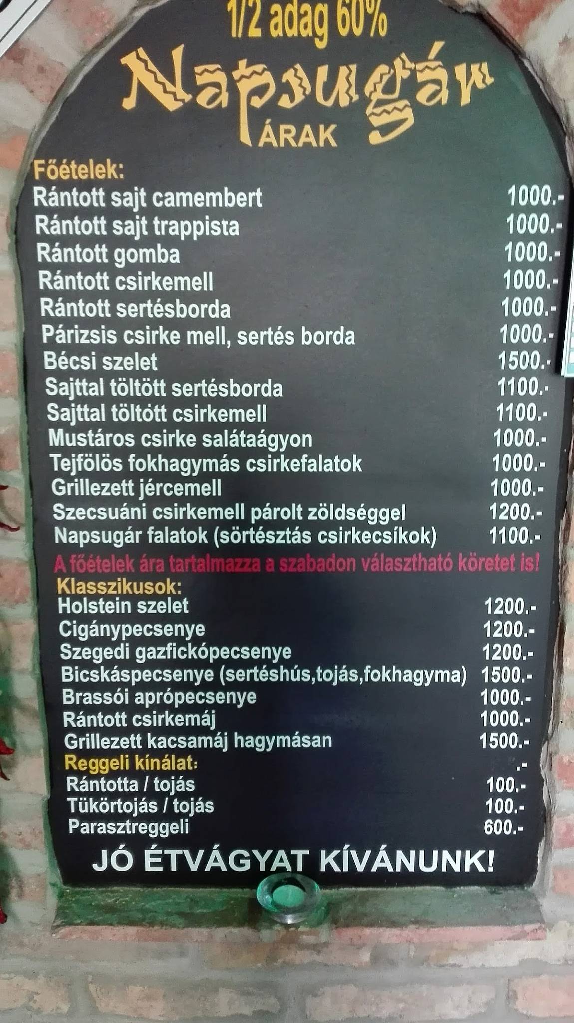 Menu at Napsugár Étkezde restaurant, Budapest